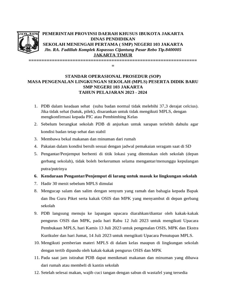 SOP MPLS Peserta Didik Baru SMP 2023 | PDF