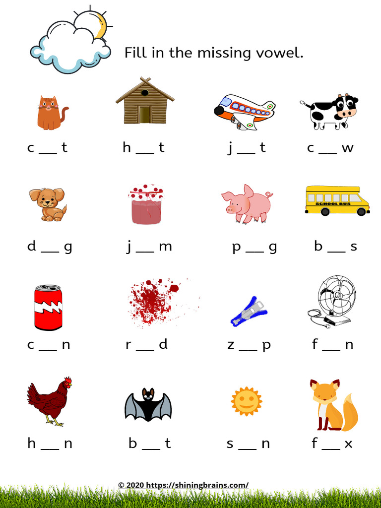 CVC Vowel Fill-in Worksheets for Kids | PDF