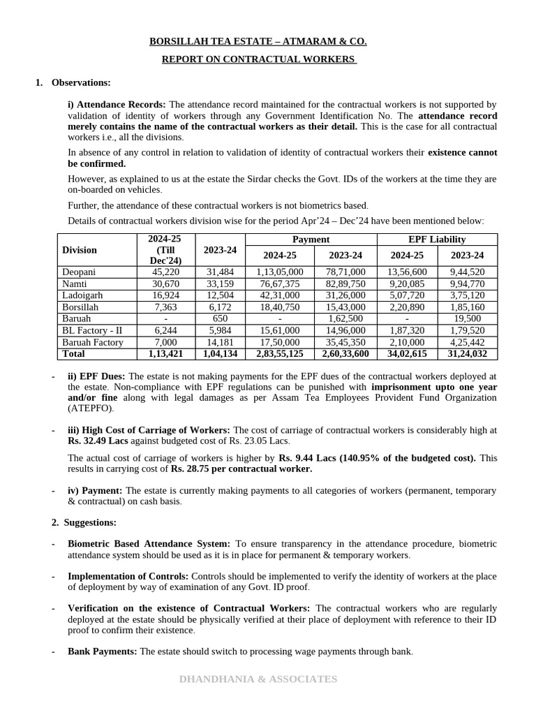 Report on Contractual Workers Compliance | PDF