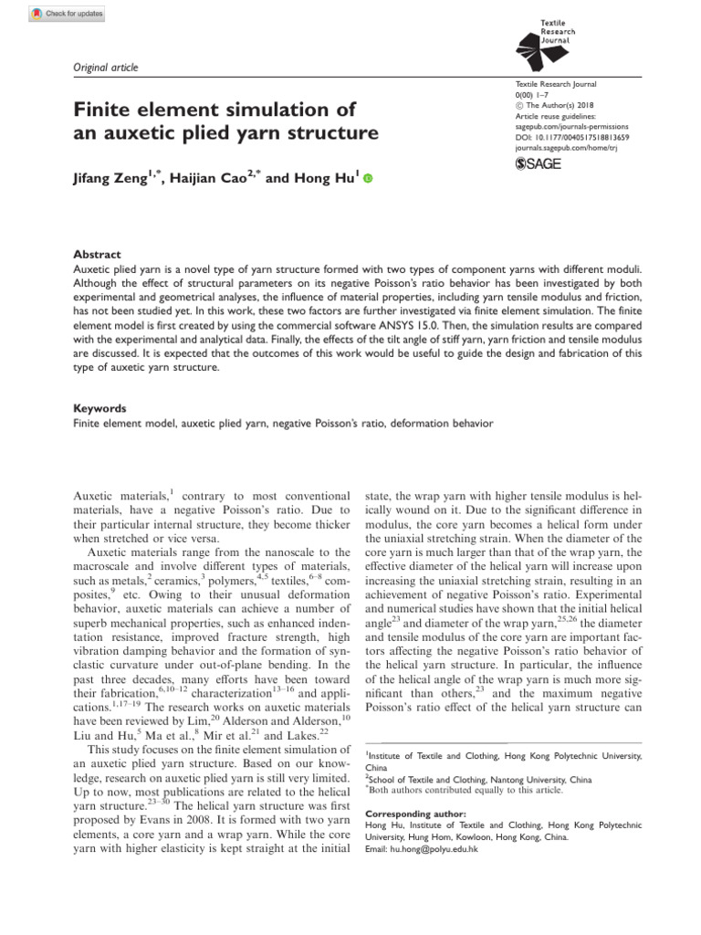 2018-Finite element simulation of an auxetic plied yarn structure | PDF | Young's Modulus ...