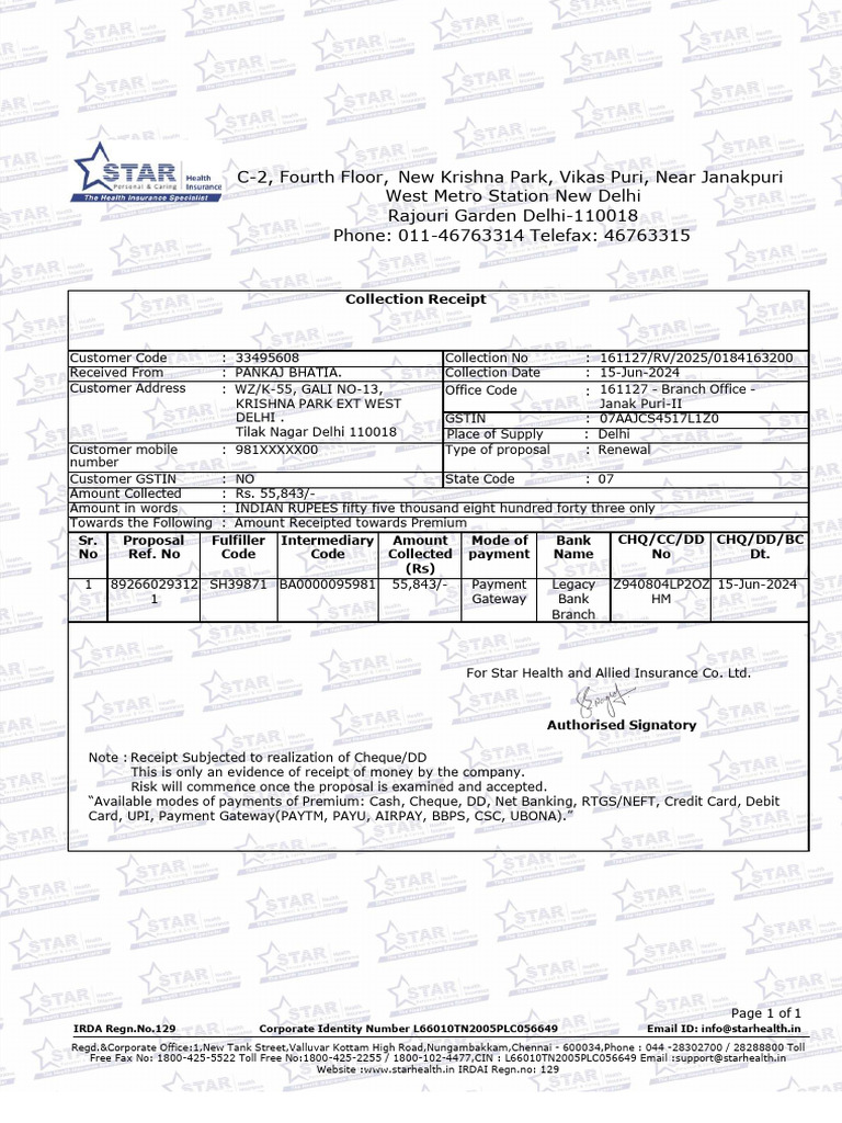 Star Health Insurance Collection Receipt | PDF | Services (Economics ...