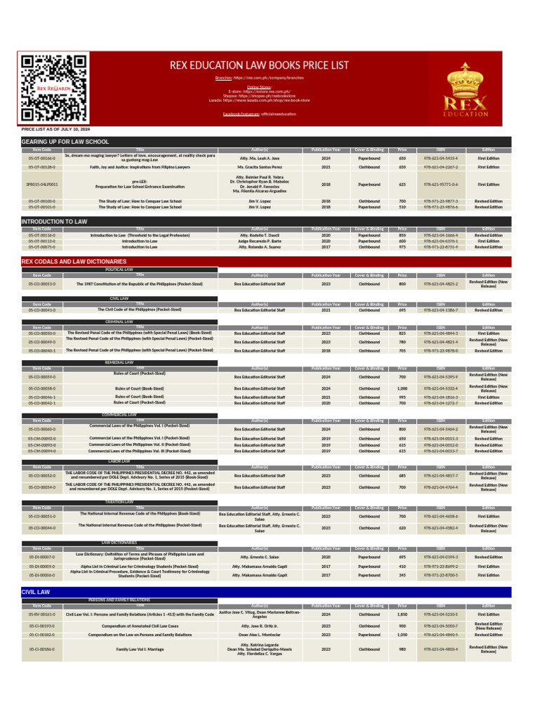 Rex Education (REX Book Store) Law Books Pricelist (07.10.2024) | PDF | Hardcover | Justice
