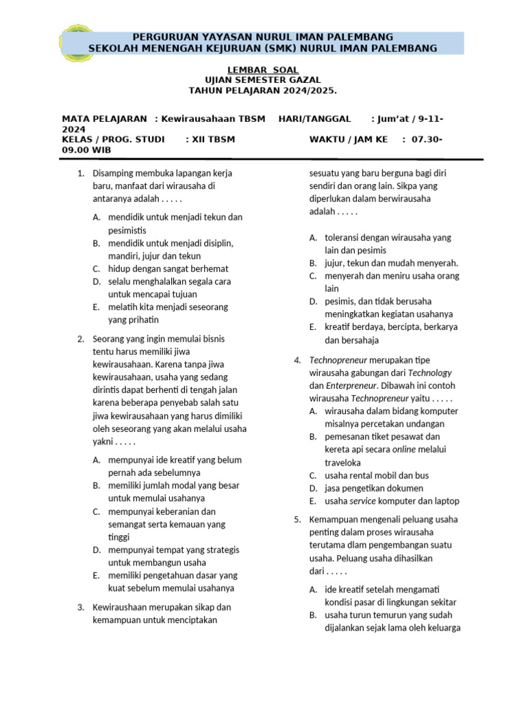 SOAL KEWIRAUSAHAAN TBSM KELAS XII 2024 | PDF