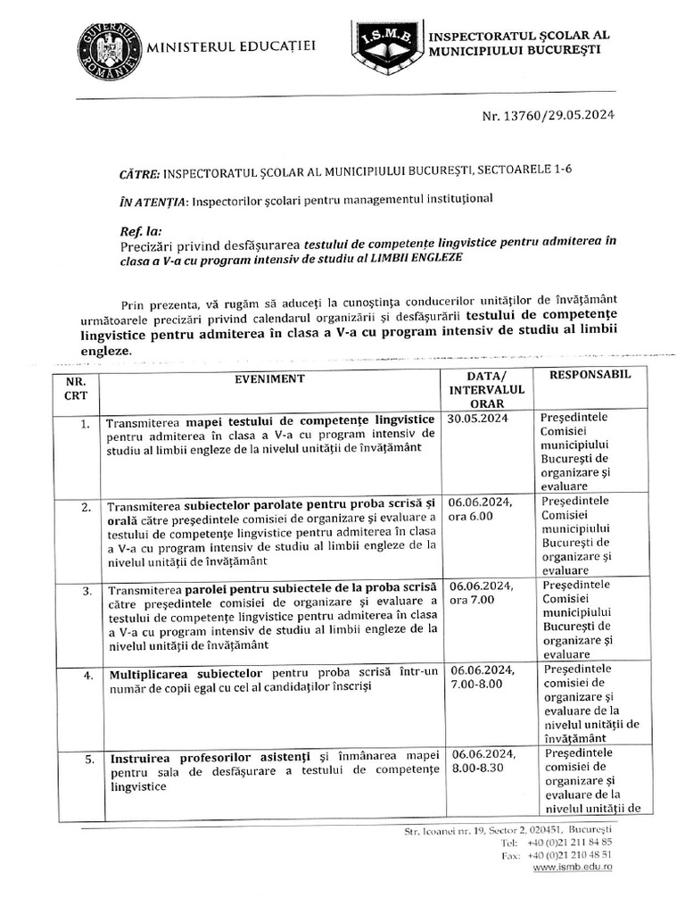 Precizari Admitere CLS V 2024 Engleza | PDF