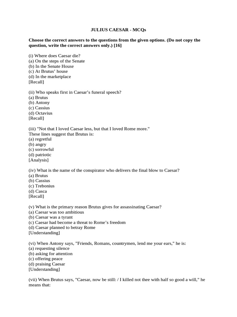 JULIUS CAESAR MCQs | PDF | Mark Antony | Julius Caesar