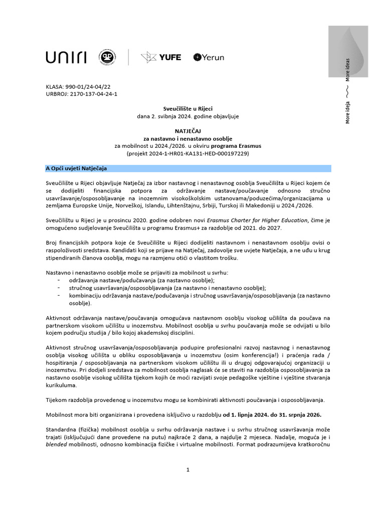 Natjecaj ERASMUS Osoblje 2024 2026 | PDF