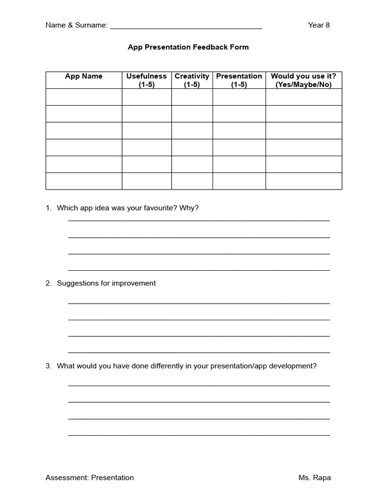 App Presentation Feedback Form x23 | PDF
