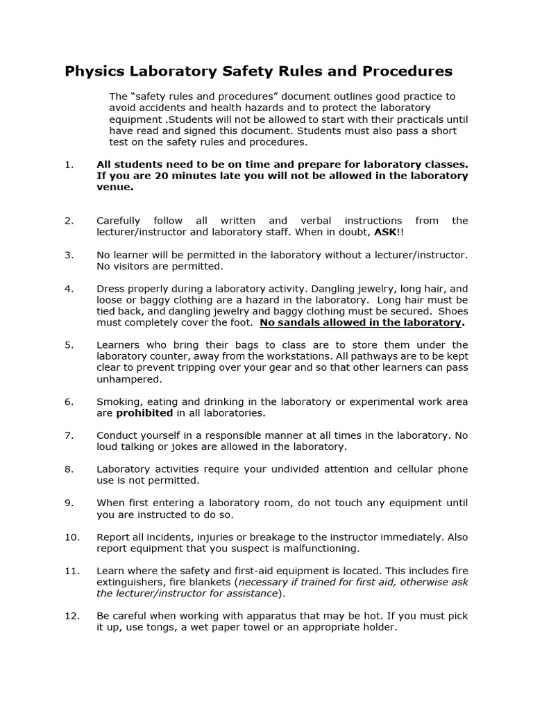 Physics Laboratory Safety Rules and Procedures | PDF | Laboratories ...