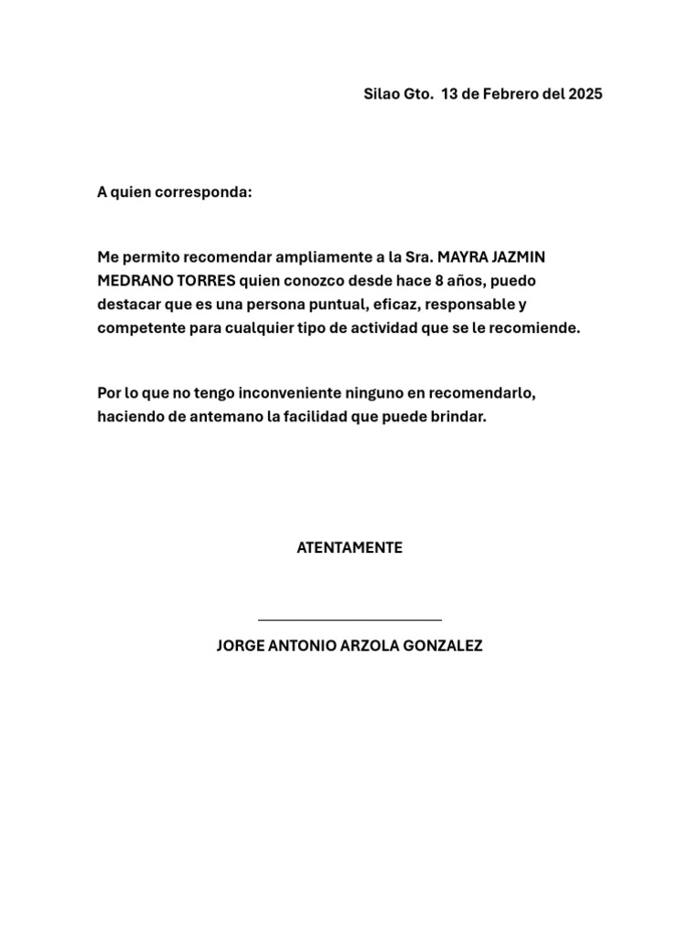 Recomendación para Mayra Jazmín Medrano | PDF