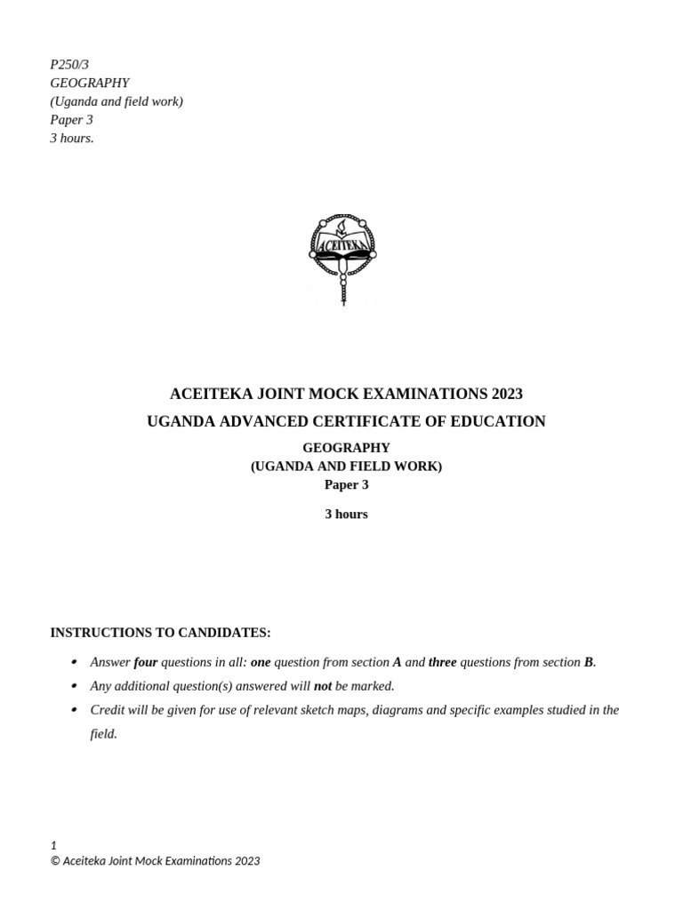 Aceiteka Joint Examination 2023 s.6 Geography | PDF | Geography | Uganda
