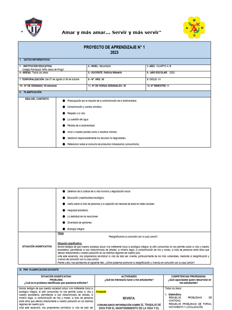 FORMATO PROYECTO INTEGRADO NJP 2023 | PDF | Entorno natural | Evaluación