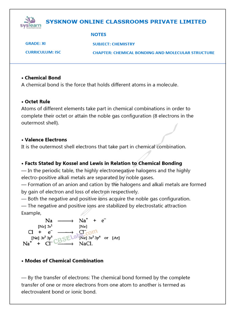 Chemical Bonding and Molecular Structure Notes | PDF | Ionic Bonding ...