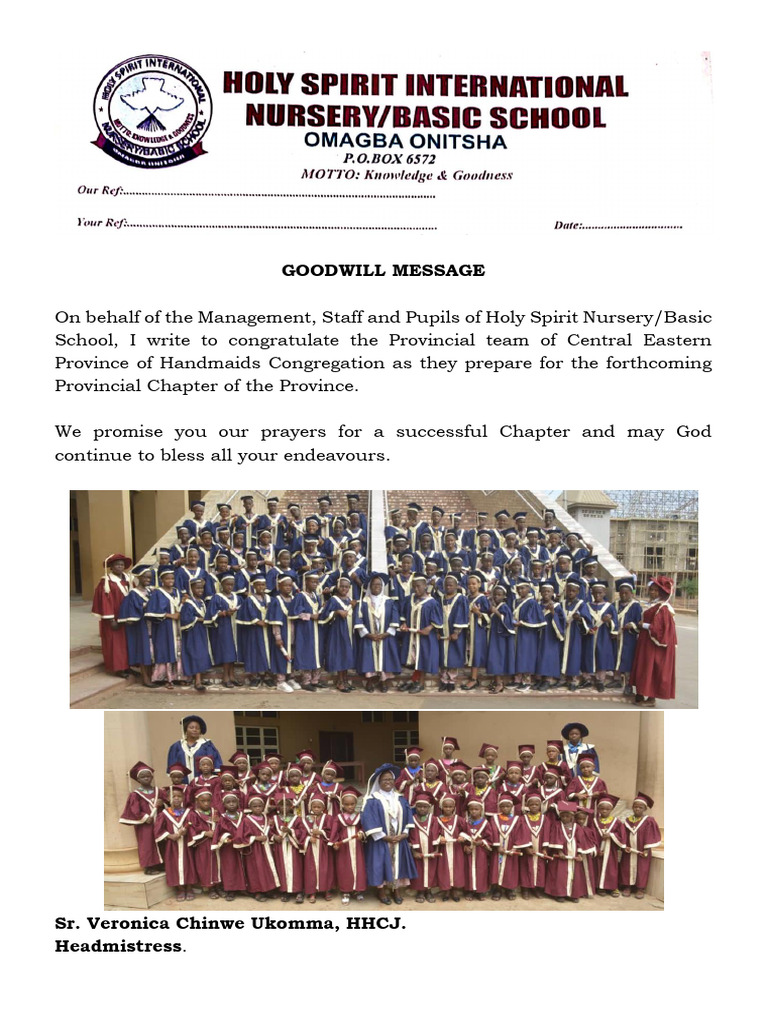 Goodwill Message - Holy Spirit Int'l School | PDF