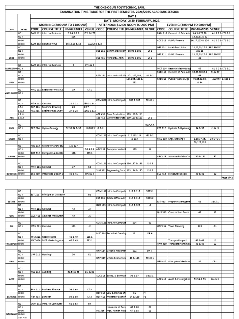 First Semester Examination Time Table For 2024-2025 Academic Session | PDF