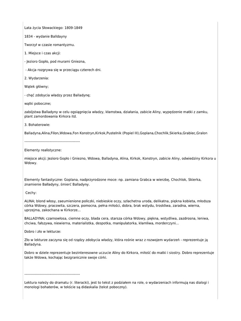 Balladyna Opisowe Streszczenie - Sciaga | PDF