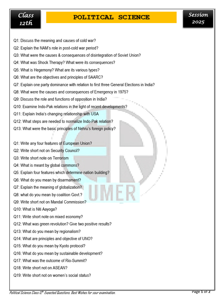 Class 12th Guess Political Science | PDF | International Relations ...