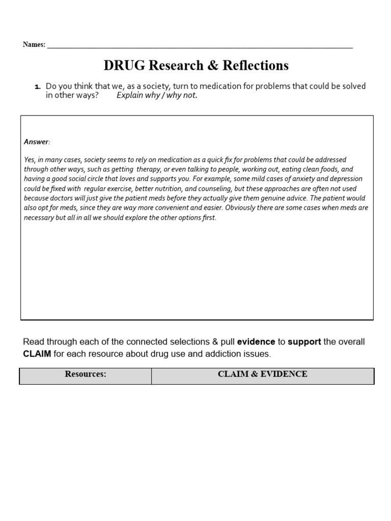 resarch & Reflection worksheet for substance & medication | PDF ...