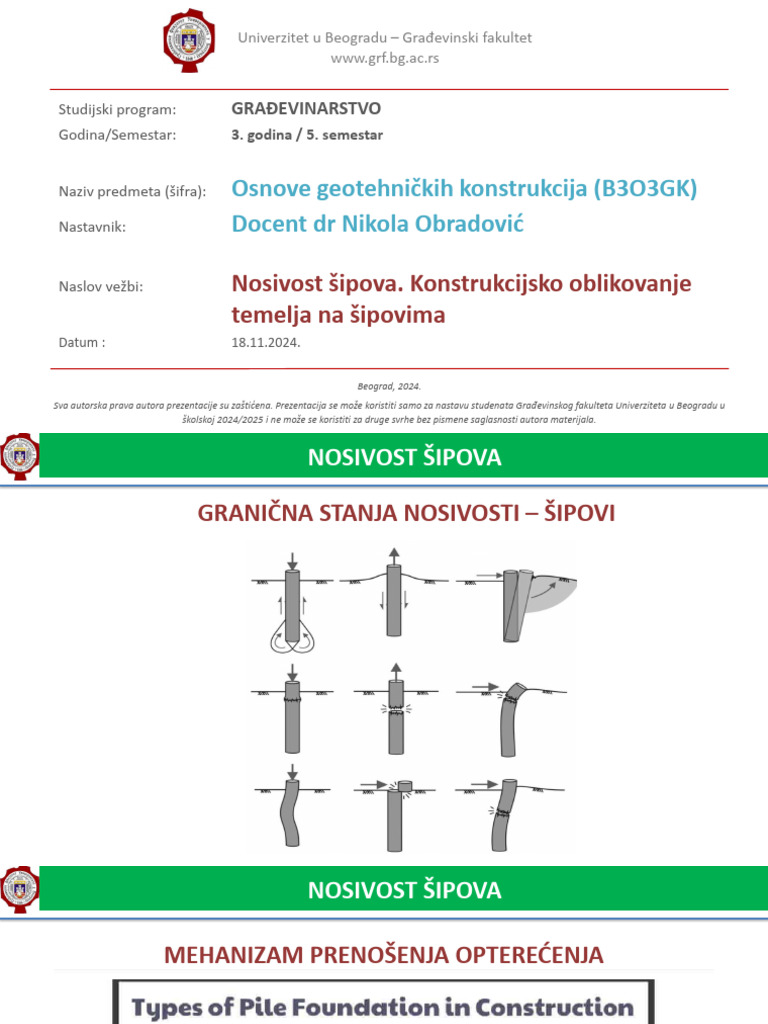 Predavanje br.7 - NosivostŠipova - KonstrukcijskoOblikovanjeTemeljaNaŠipovima | PDF