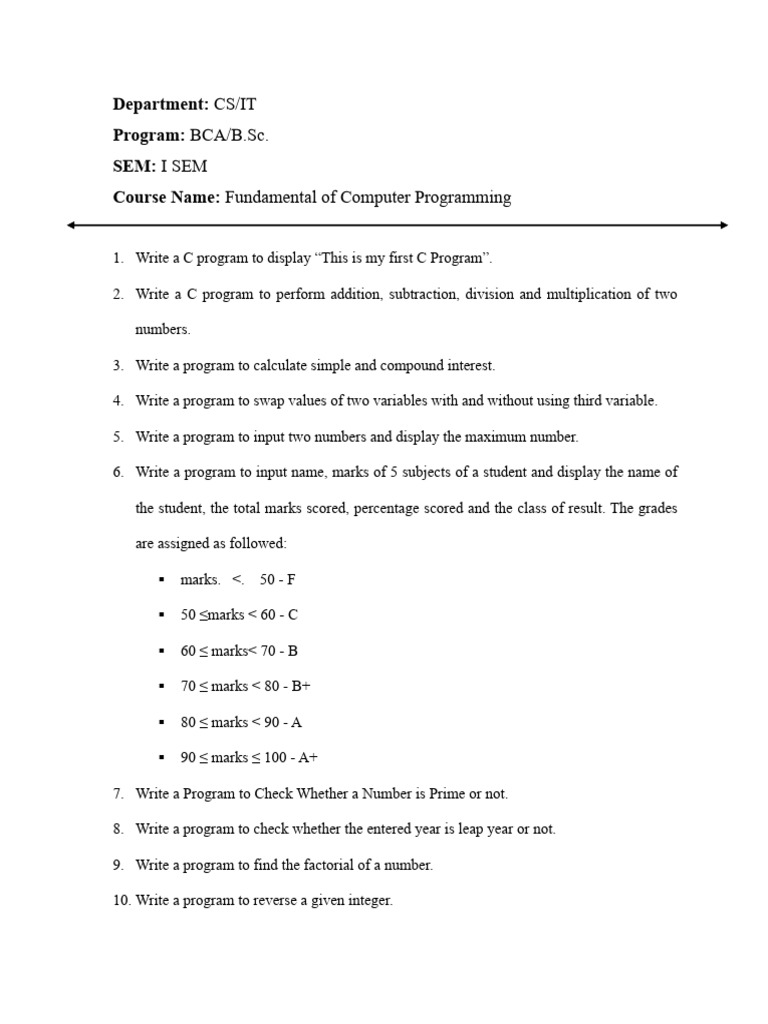 BCA-I SEM - C Practical-Program List | PDF