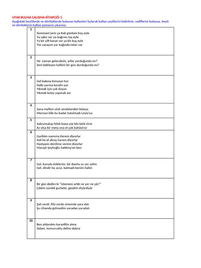Uyak Bulma Calisma Kitapcigi 1 | PDF