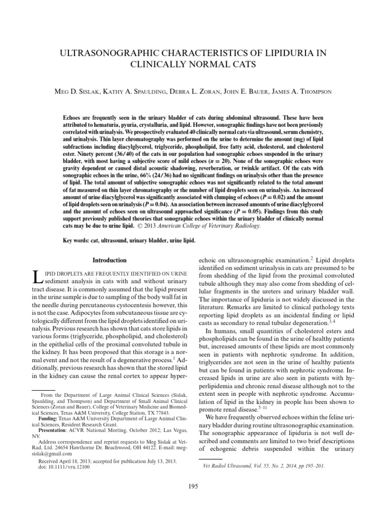 Usg Characteristics Lipiduria Normal Cats | PDF | Kidney | Urinary System