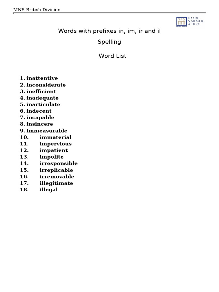 Spelling Word With Prefixes In, Im and Il | PDF