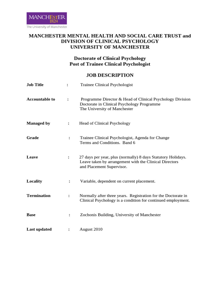 Clin Psy DTrainee Clinical Psychologist Job Description | PDF | Clinical Psychology | Psychology
