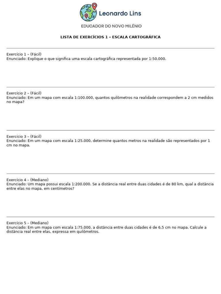 Exercícios sobre Escala Cartográfica | PDF