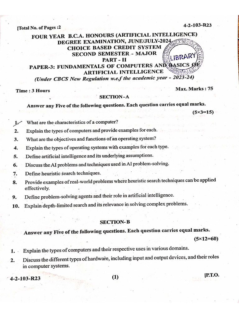 2 Sem - Major Bca-Ai Fundamentals of Computers and Basics of Ai -June 2024 | PDF