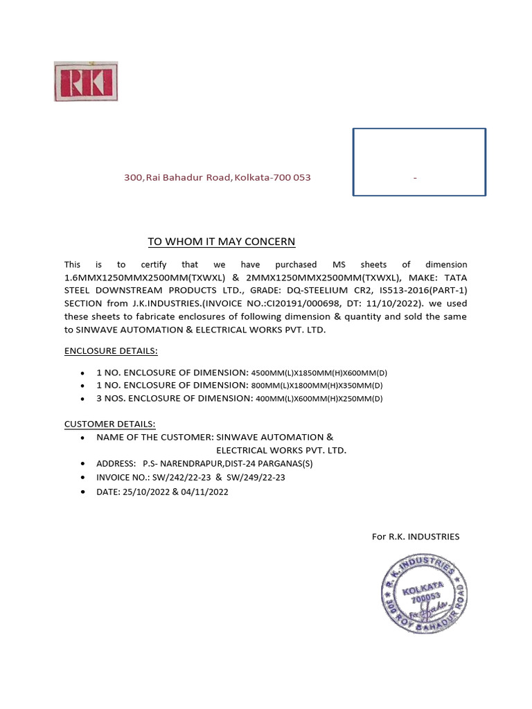 Enclosure material certificate | PDF