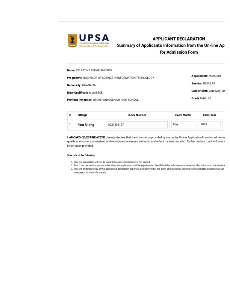 UPSA - Admissions Declaration | PDF