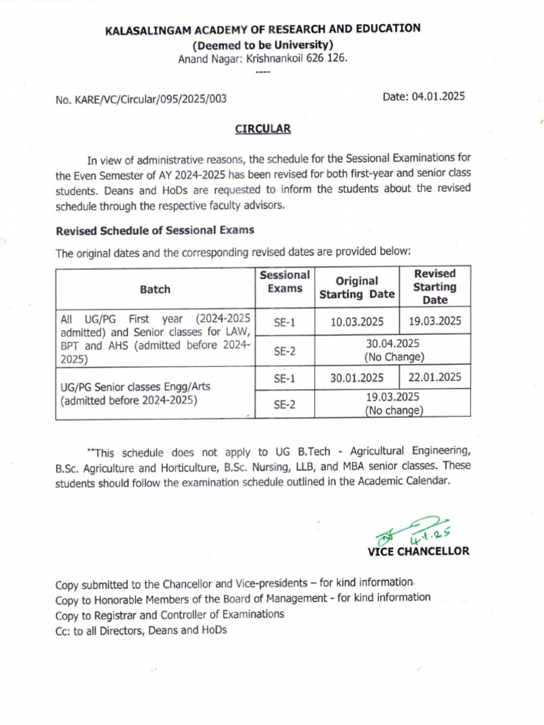 003 - Revised Schedule of Sessional Exams | PDF