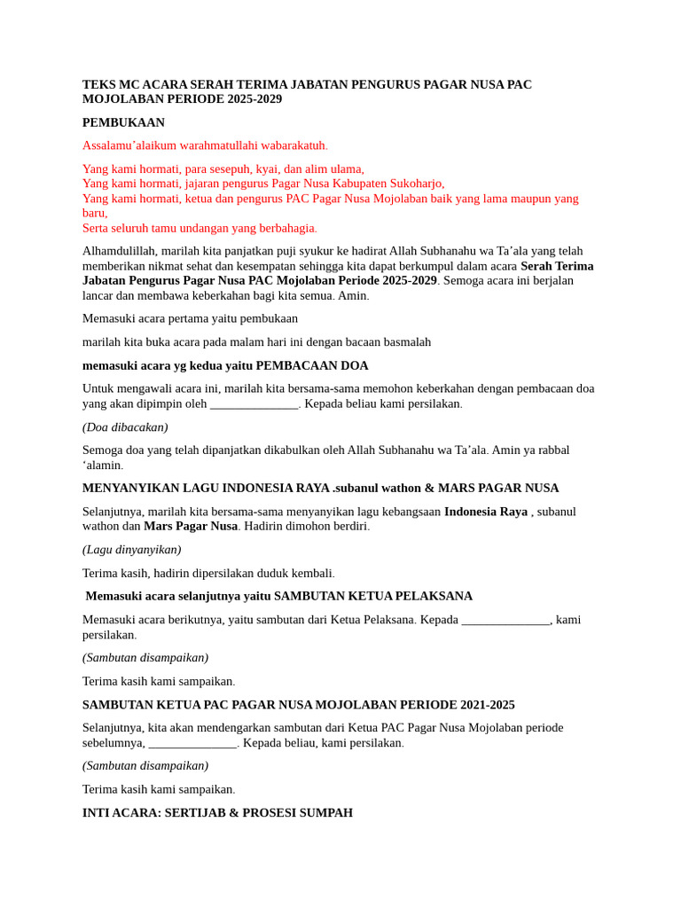 TEKS MC ACARA SERAH TERIMA JABATAN PENGURUS PAGAR NUSA PAC MOJOLABAN PERIODE 2025 | PDF