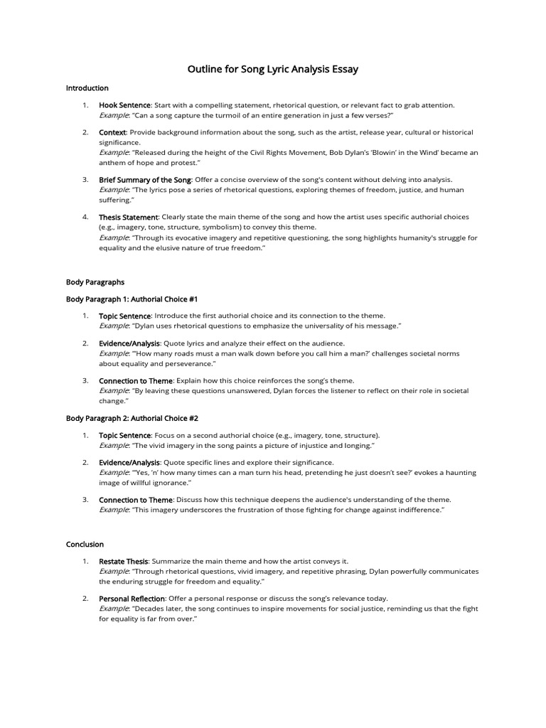 Outline For Song Lyric Analysis Essay | PDF | Essays | Human Communication