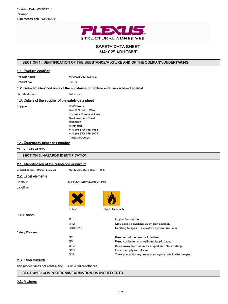 MSDS PLEXUS MA1025 Adhesive Eng | PDF | Personal Protective Equipment | Toxicity