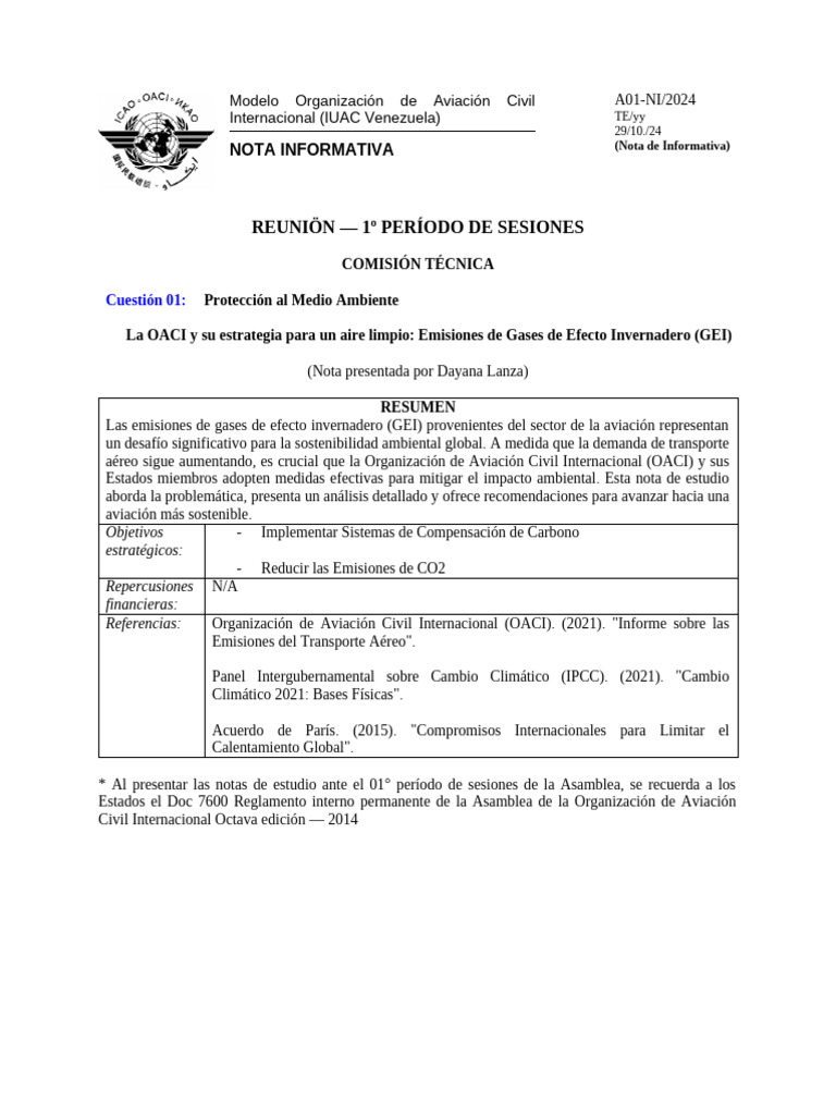 Plantilla Nota Informativa Modelo OACI IUAC-1 Dayana Lanza | PDF ...