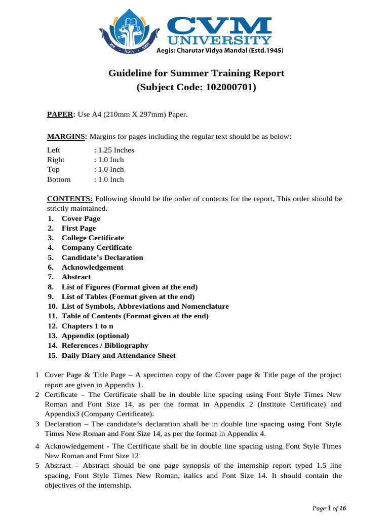 Summer Training Report Guidelines | PDF | Times New Roman | Paragraph