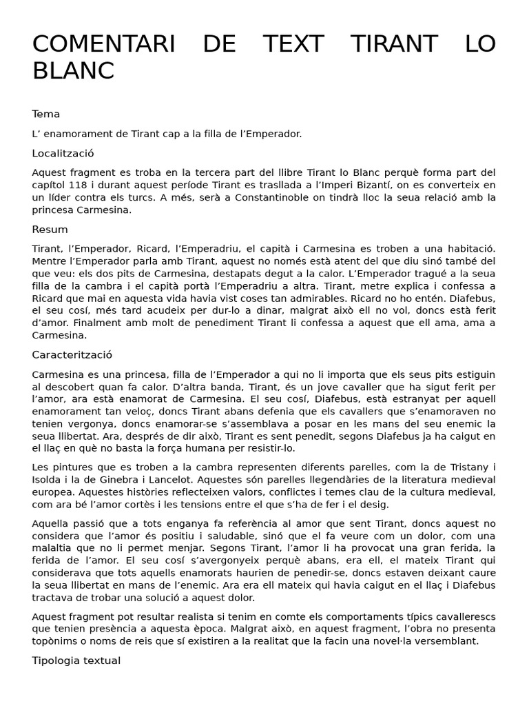 Comentari de Text Tirant Lo Blanc | PDF