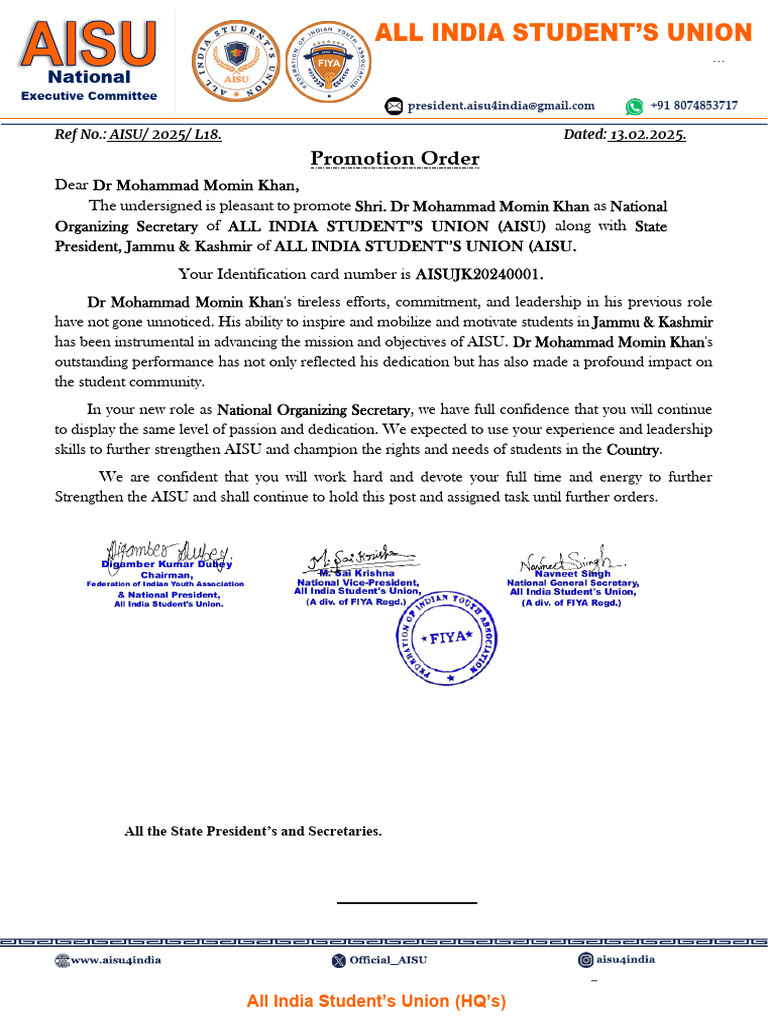 Promotion of Dr. Momin Khan to AISU Secretary | PDF
