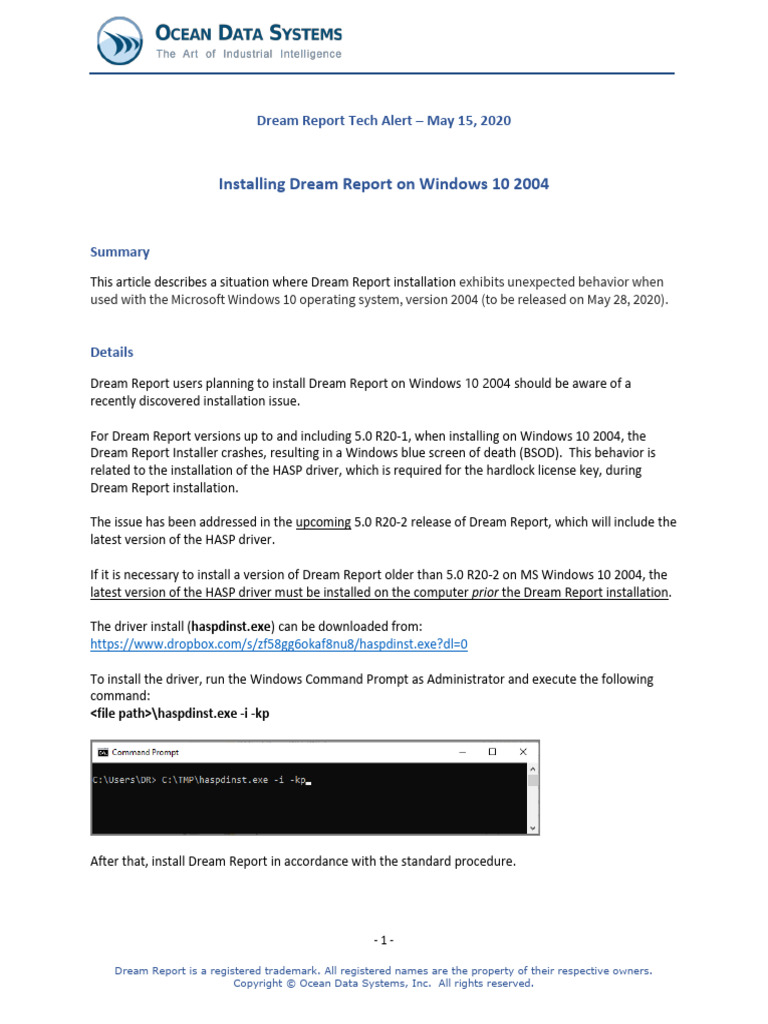 Tech Alert Installing Dream Report On Windows 10 2004 | PDF