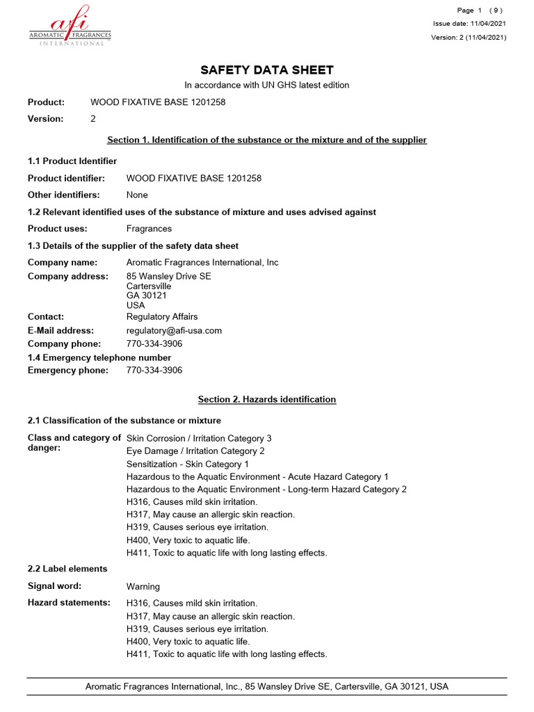 UN 3082 Wood Fixative Safety Data Sheet | PDF | Toxicity | Chemistry