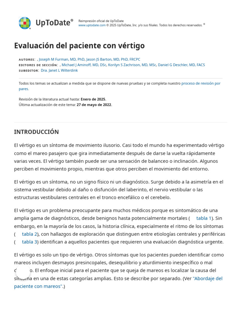 Evaluación Del Paciente Con Vértigo - UpToDate | PDF | Sistema nervioso ...