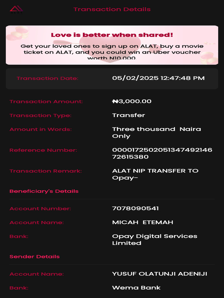 ALAT Transfer Receipt - MICAH ETEMAH - 7078090541 - 3,000.00 ...