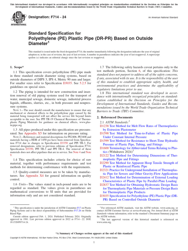 Astm F714-2024 | PDF | Strength Of Materials | Pipe (Fluid Conveyance)
