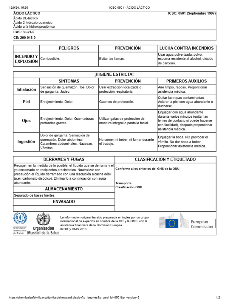 Seguridad y Manejo del Ácido Láctico | PDF | Agua