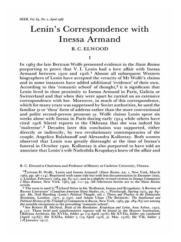 RC Elwood - Lenin's Correspondence With Inessa Armand | PDF | Vladimir Lenin | Leon Trotsky