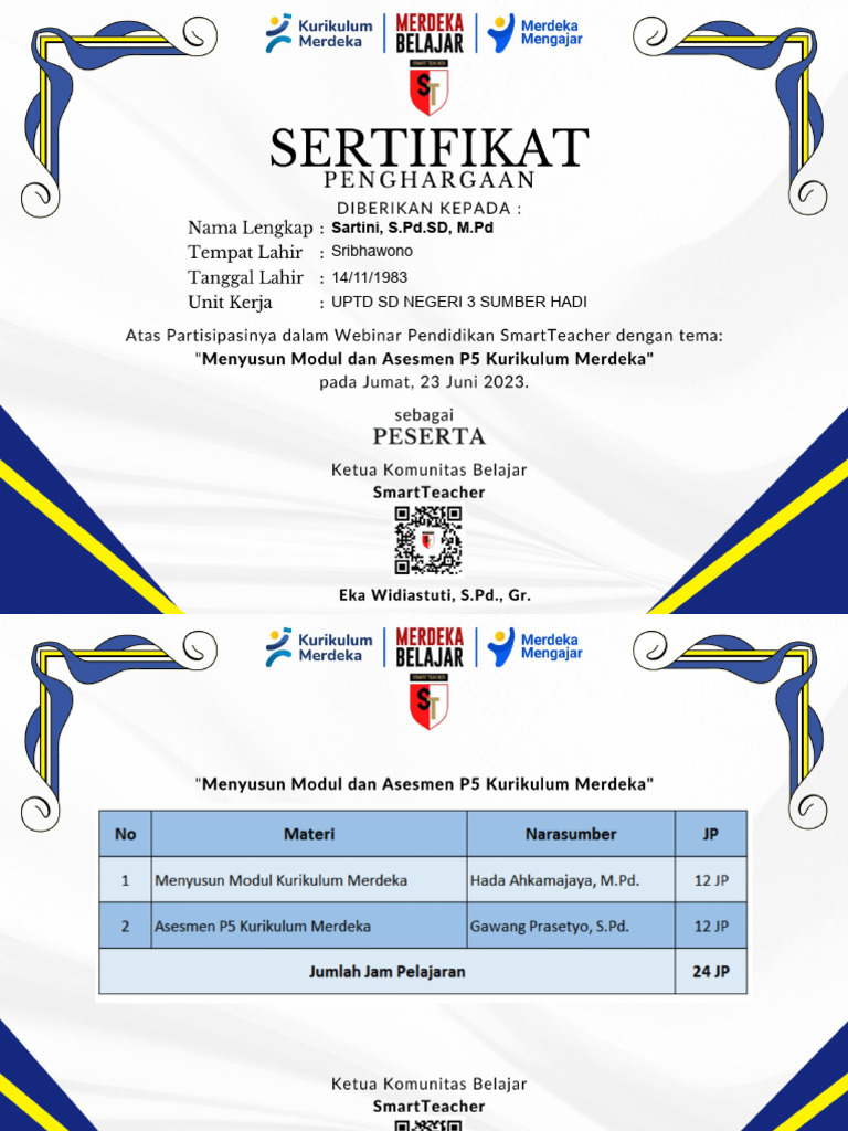 Sertifikat Menyusun Modul Dan Asesmen P5 Kurikulum Merdeka - Sartini, S.PD - SD, M.PD | PDF