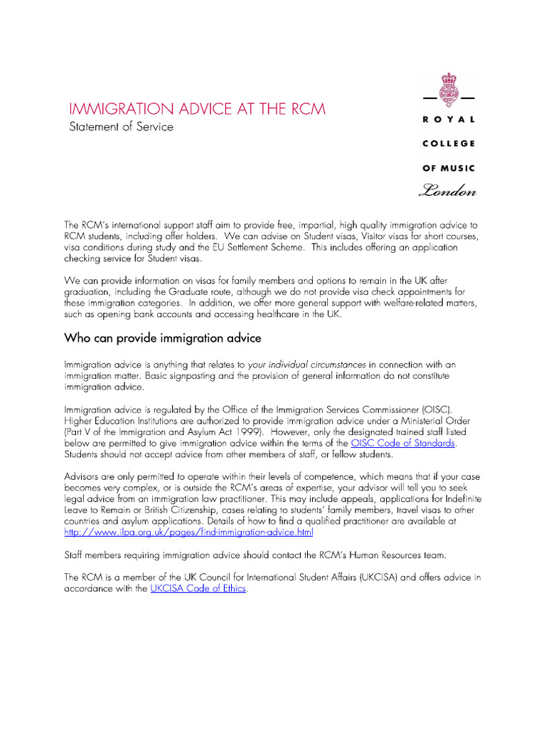 Immigration Advice at The RCM - Statement of Service Updated August ...