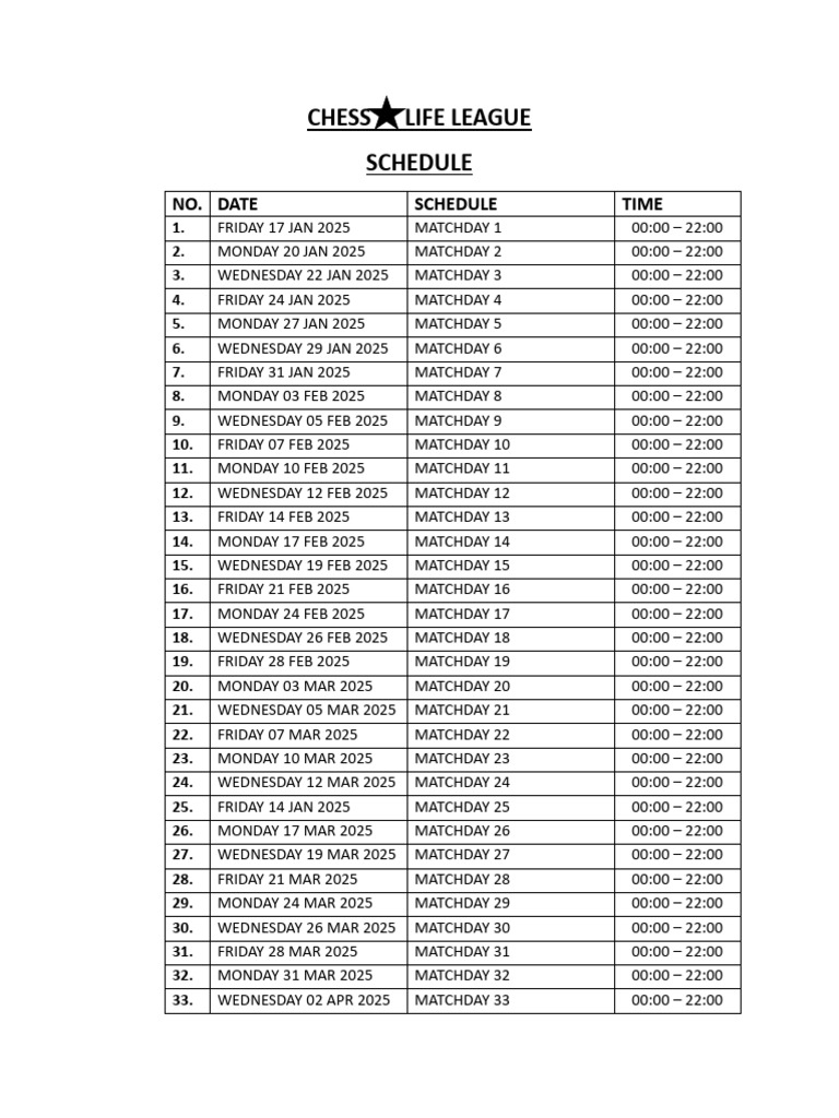 Chess Life League Match Schedule 2025 | PDF