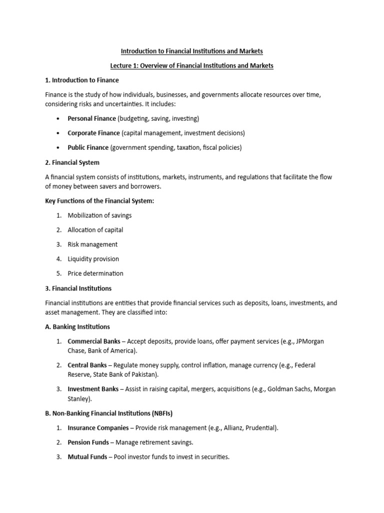 Lecture 1, 2, 3, 4 Introduction To Financial Institutions and Markets ...